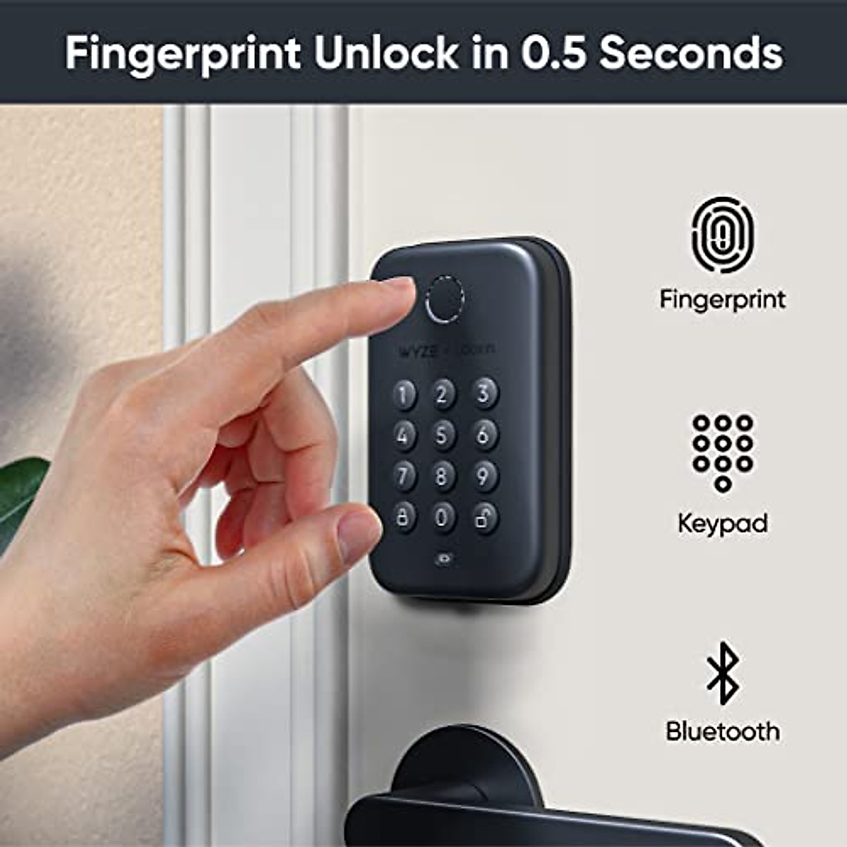 Wyze Lock Bolt, Fingerprint Keyless Entry Door Lock, Smart Bluetooth Deadbolt Replacement, Backlit Keypad, IPX5 Weatherproof, in-App History and Scheduled Access, Auto-Lock, BHMA, UL 20-Min Fire Rated