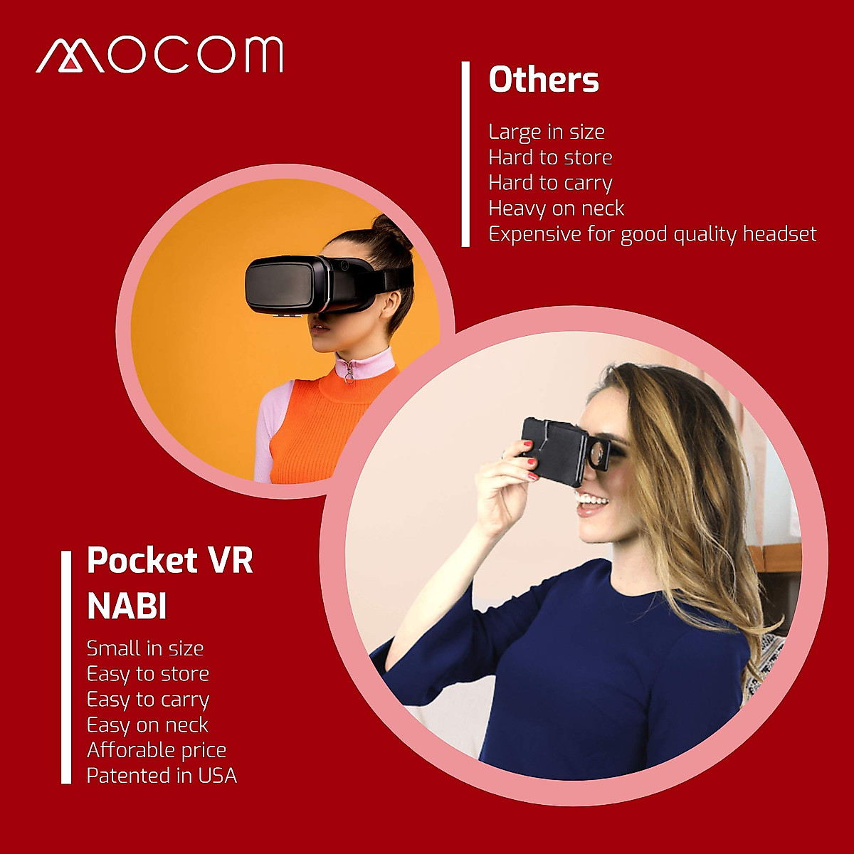 Portable Virtual Reality VR Glasses - Patented Mini Pocket-Sized Headset with Travel Case | Foldable, Portable Head Sets for iPhone & Android, Enjoy 360 VR Videos (Red)