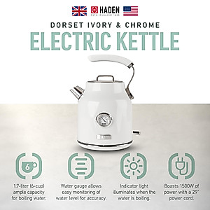 Haden Dorset 1.7 Liter Cordless Electric Kettle with Auto Shut Off for Kitchen, Small Appliances, Counter, and Apartments, Ivory/Chrome