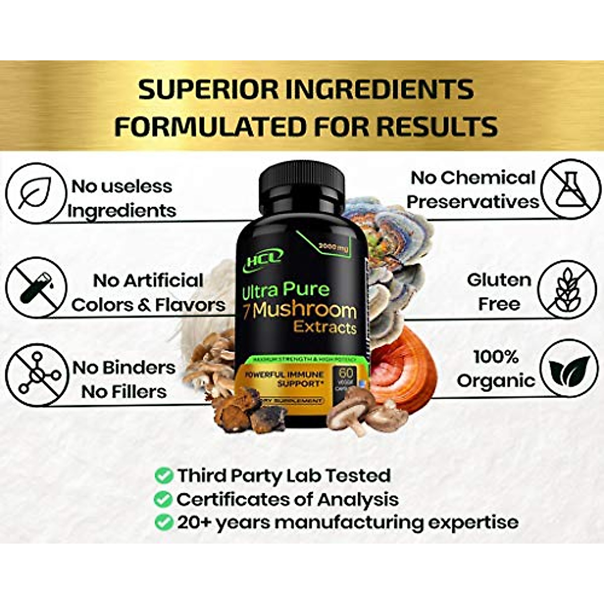 Organic Mushroom Supplement Extracts of Lions Mane Cordyceps Chaga Reishi Turkey Tail Maitake Shiitake Capsules - Natural Vitamins Minerals Antioxidants Supplement - Made in The USA