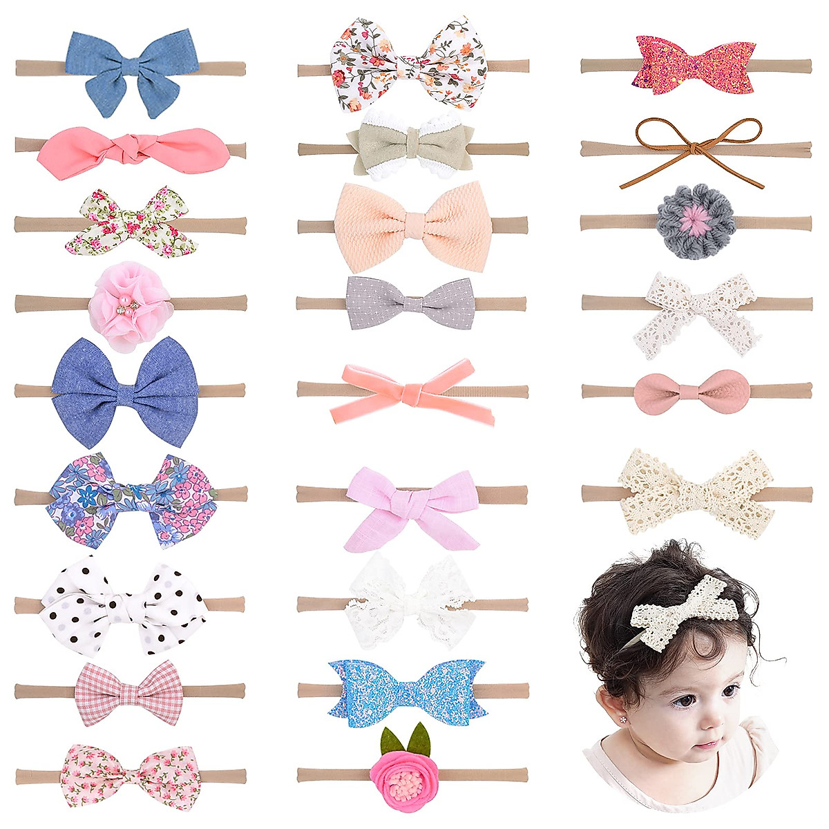 doboi 24PCS Baby Girls Flower and Hair Bows Headbands Soft Nylon Hairbands Elastic Hair Accessories for Newborns Infants Toddlers and Kids
