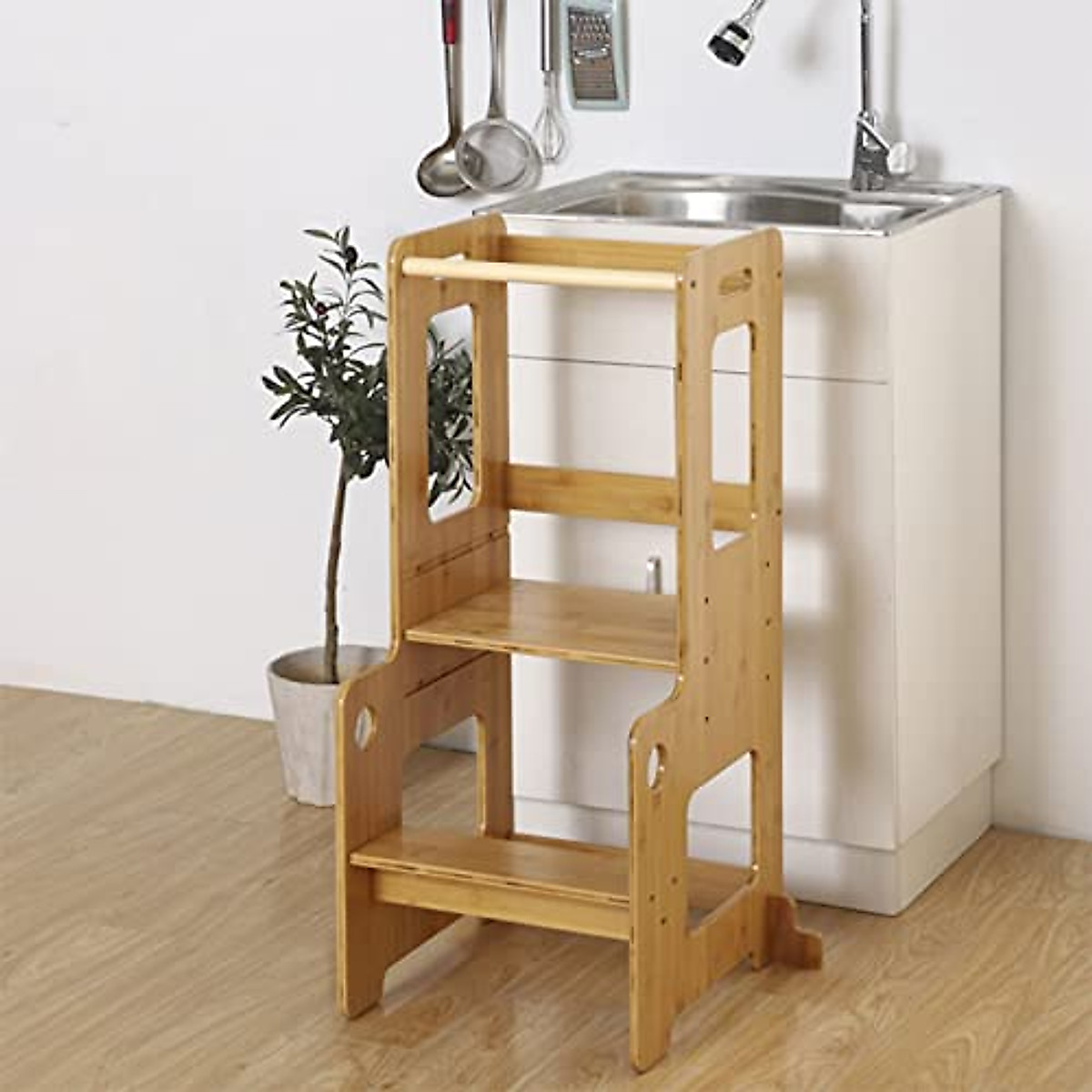 Abovehill Kids Step Stool Natural Toddler Kitchen Standing Study Stool 3 Height Adjustable Auxiliary Tower Toddler Stool for Kitchen Counter