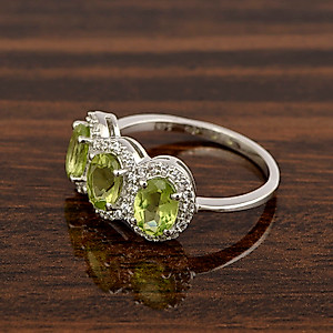 MOONEYE Trio Stone Ring! 7X5MM Oval Green Peridot Gemstone 925 Sterling Silver Bridal Wedding Ring (Silver, 9)