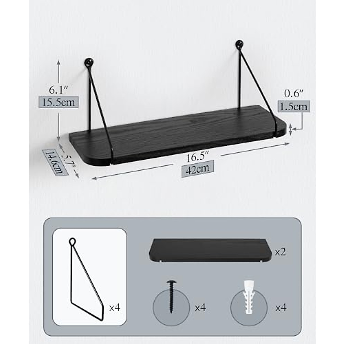 SUMGAR Black Floating Shelves for Wall, Wall Shelf for Bathroom Bedroom Kitchen, Floating Book Shelves for Wall Small Wall Mount Wood Storage Organzier Set of 2