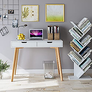 ITUSUT Modern Computer Desk with Drawers, Small White Writing Laptop Desk Makeup Table Vanity Desk with 2 Drawers & Natural Legs for Home Office