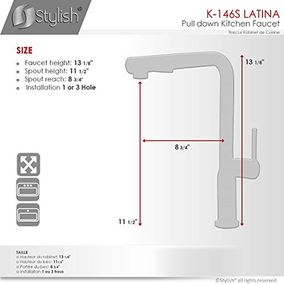 STYLISH Modern Kitchen Sink Faucet Single Handle Pull Down Dual Mode 100% Solid Stainless Steel Brushed Stainless Steel Finish, K-146S