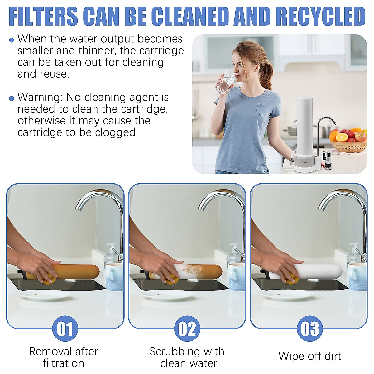 RUN.SE Countertop Water Filter System, Easy Install Water puriter, Sink Water Faucet, Alkaline Material Filter Machine (1 Filter Included)
