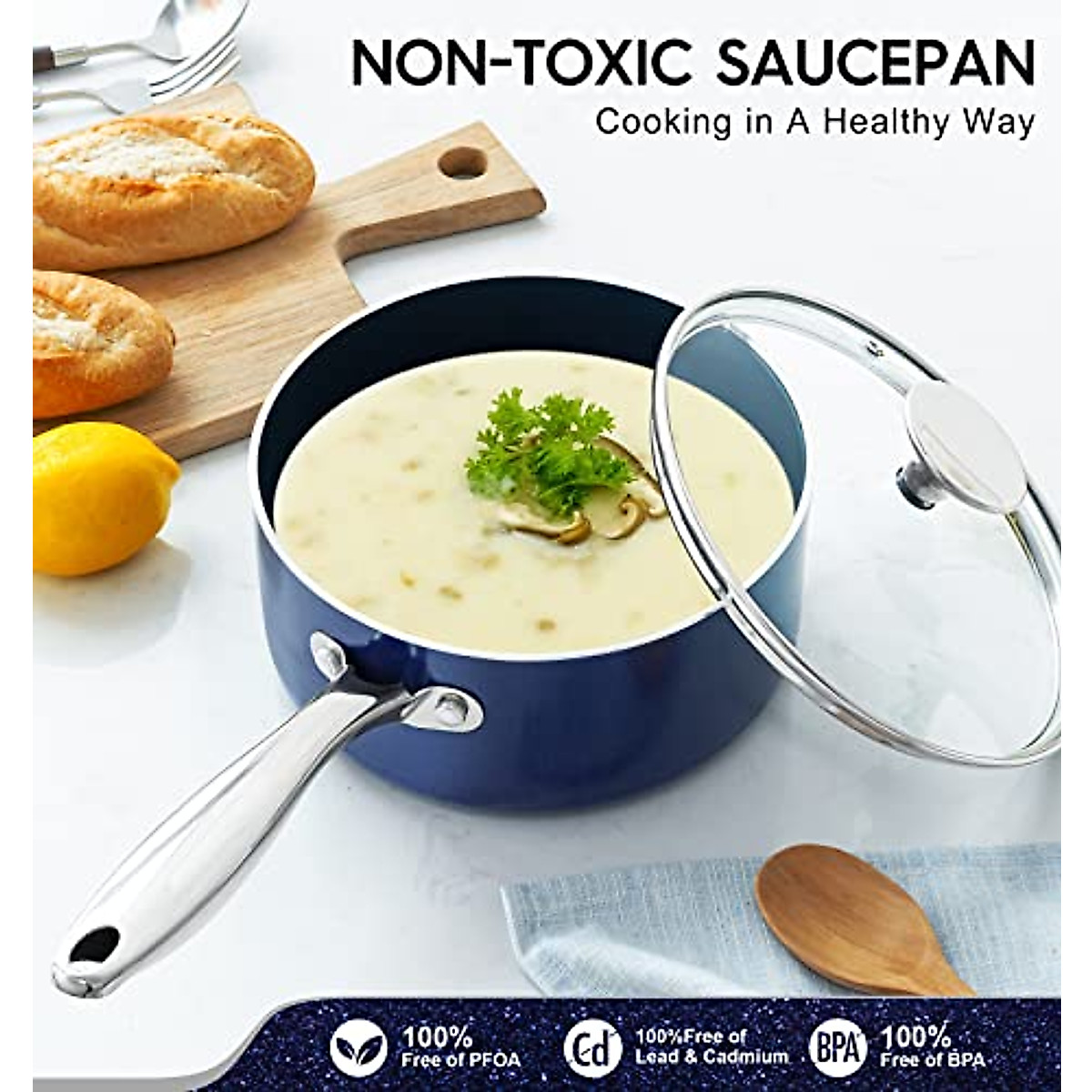 MICHELANGELO Sauce Pan Sets, Ceramic Saucepans with Lids, 1Qt & 2Qt & 3Qt Sauce Pans with Lid, Nonstick Saucepan Set, Small Pot with Stainless Steel Handle, Oven Safe, Blue