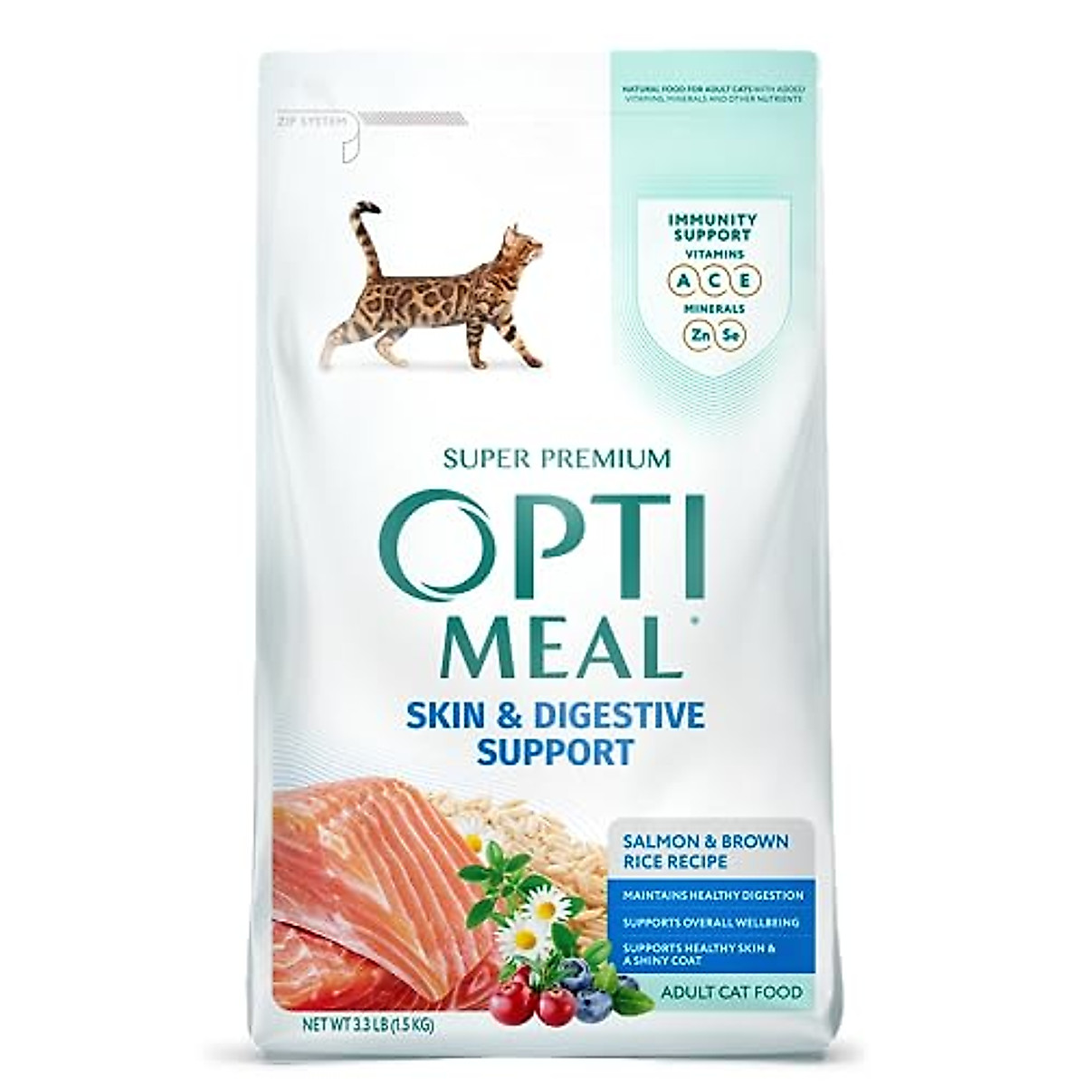 OPtimeal Skin & Sensitive Stomach Cat Food - Proudly Ukrainian - Healthy Cat Food Dry Recipe for Skin & Digestive Support, Tasty Dry Cat Food for Pets (3.3 lbs, Salmon & Brown Rice)