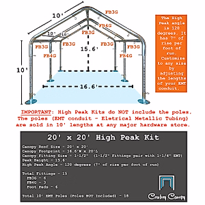 Carport Kit, 20' x 20' High Peak Canopy Fittings, DIY Metal Carport Frame Parts, 1-1/2" EMT Fittings