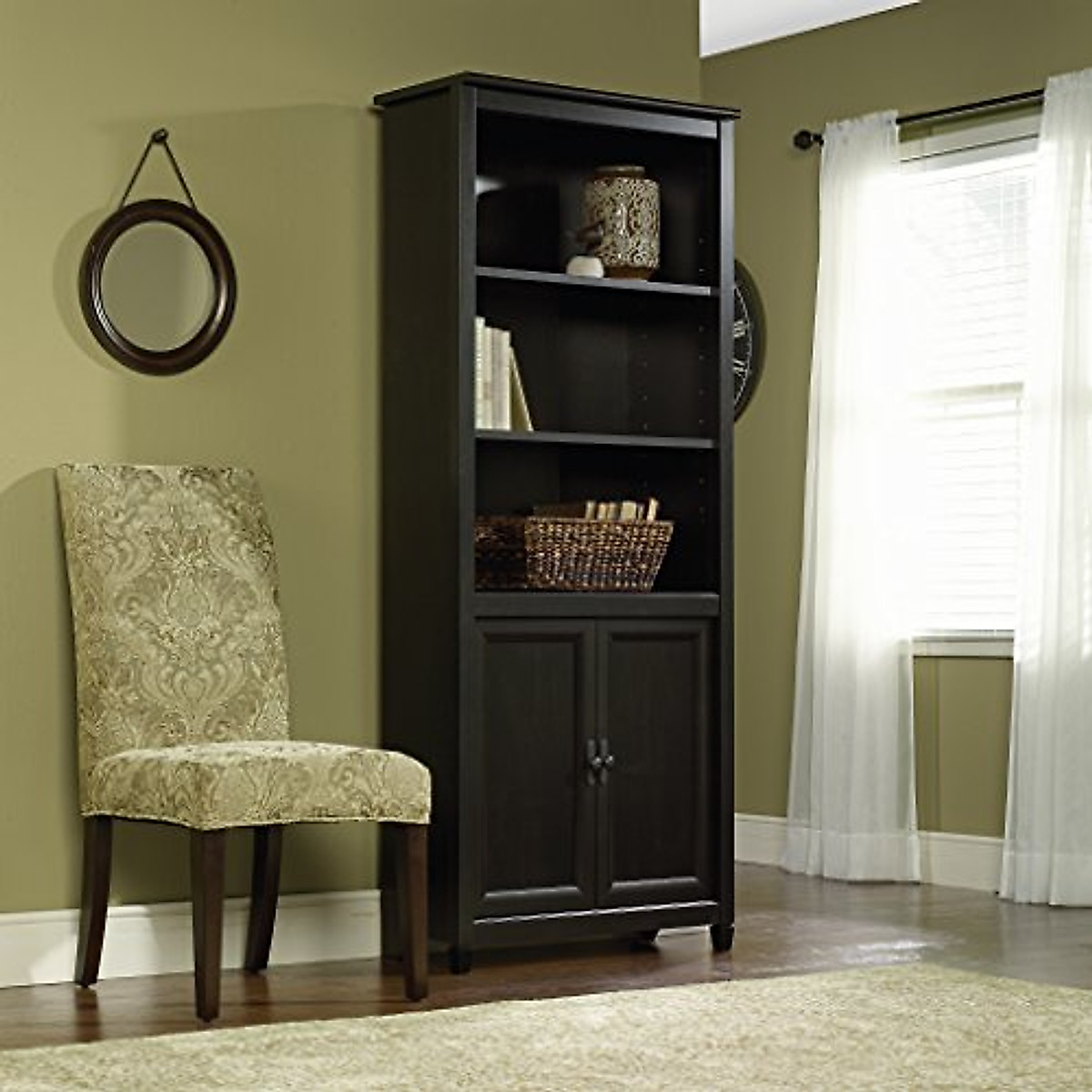Sauder Edge Water Library With Doors, Estate Black finish