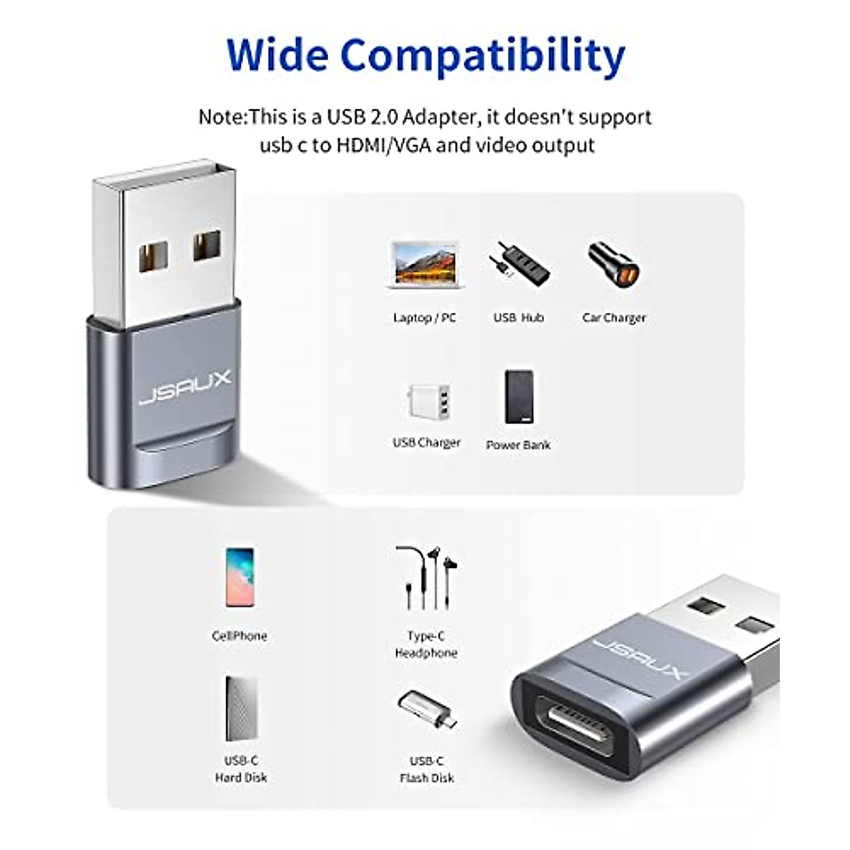 JSAUX USB-C Female to USB-A Male Adapter 4-Pack, Type C to USB Charger Cable Adapter Compatible with iPhone 14/13/12 Mini/Pro/Pro Max, Samsung Galaxy Note 10/20, S20/S21, Apple Watch Series 7 -Grey