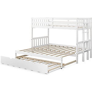 Giantex Twin Over Pull-Out Bunk Bed with Trundle, Extendable Twin/Full/Queen/King Bunk Bed, Solid Wood Bunk Bed with Ladder and Safety Rail, Wooden Bunk Beds for Kids Adults Teens, White