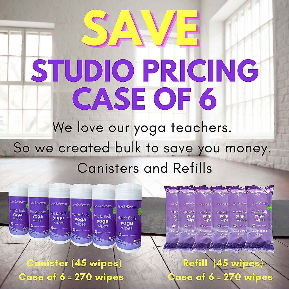 Yoga Wipes for Mat and Body - Bulk CASE of 6 - Natural Lavender and Tea Tree - by Jasmine Seven - for Studio, Gym, Spa, Fitness