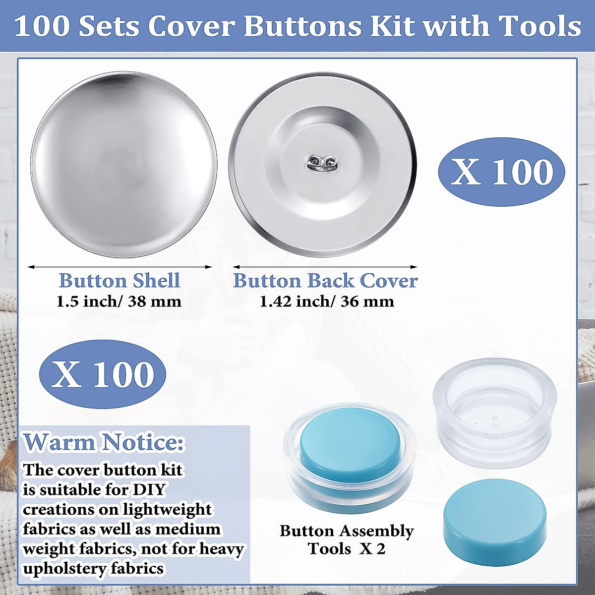 100 Sets Cover Buttons Kit with Tools Size Buttons to Cover Self Cover Buttons with Wire Backs DIY Fabric Cloth Cover Buttons (Size 60/1.5 Inch)