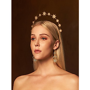 Zivyes Halo Crown Stars Goddess Crown Halo Headband Tiaras and Crowns for Women Boho Bridal Wedding Headpiece (1-Gold Crown With Earrings)