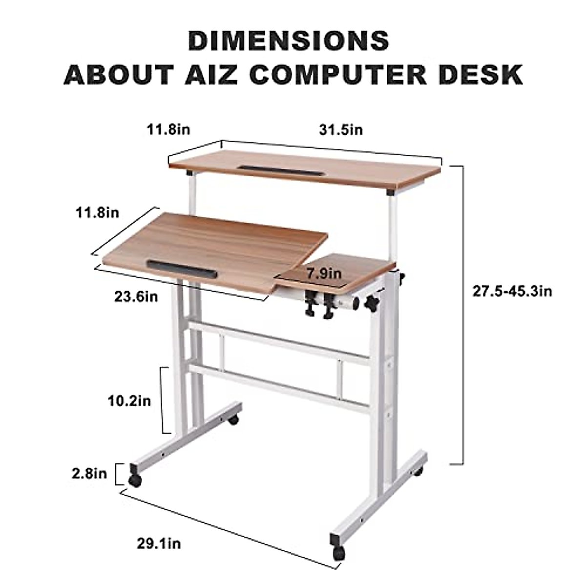 AIZ Adjustable Rolling Desk Cart on Wheels Home Office Computer Workstation, Portable Laptop Tall Table for Standing or Sitting, Oak
