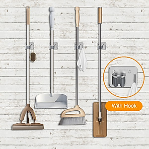 4 Pack Broom Holder Wall Mount Stainless Steel Mop Hanger - Home Laundry Room, Kitchen, Closet, Garage Organization and Storage Heavy Duty Utility Rack - Rake, Shovel Garden Tool Organizer (Silver)