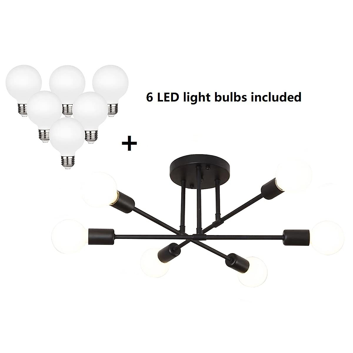 Dellemade Modern Sputnik Chandelier, 6-Light Ceiling Light, 6 LED Light Bulbs Included for Bedroom,Dining Room,Kitchen,Office (Black)