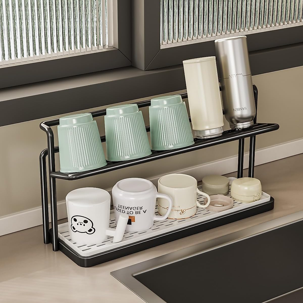 Generic Bottle Drying Rack, Wide Jug Storage Rack, Cup Storage Stand with Drain Tray, Mug Organizer for Kitchen, Coffee Mug Holder for Kitchen Counter (Black)