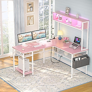 Unikito L Shaped Computer Desk with LED Strip and Power Outlets, Reversible L-Shaped Corner Desk with Storage Shelves and Bag, Industrial Home Office Desk Gaming Table with USB Port, Pink
