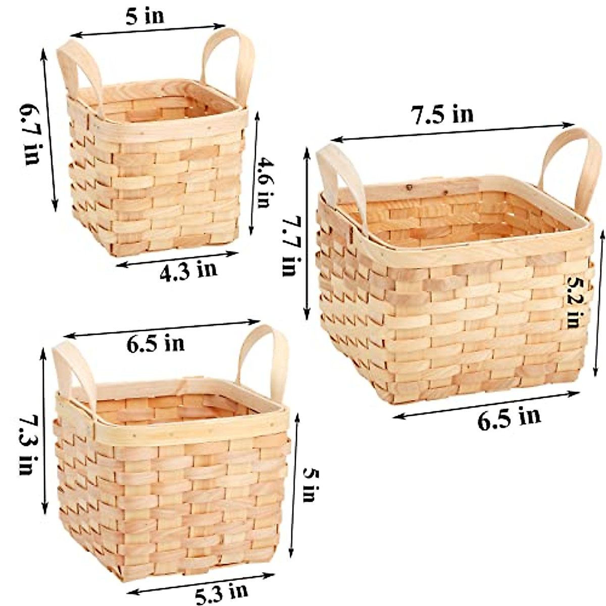Okllen Set of 3 Small Woodchip Basket with Handles, Wooden Woven Baskets Handmade Wicker Baskets, Empty Storage Basket Container for Organizing Pantry, Closet, Toy, Wedding Stuff, Square, 3 Sizes