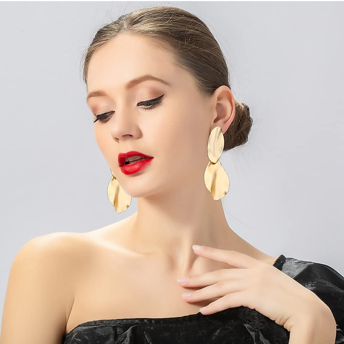 Matte Gold Hammered Long Drop Clip On Earrings Large Unique Statement Clip Earrings for Women