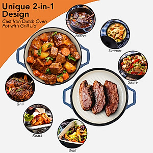 Gennua 3.3-Quart Enameled Cast Iron Braiser with Grill Lid - Small Dutch Oven and Stovetop Grill Pan