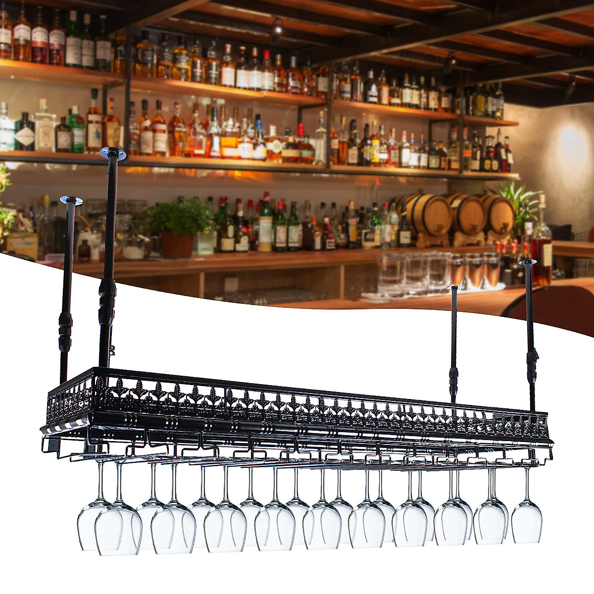 DYRABREST Industrial Retro Wine Glass Rack Under Cabinet Hung 48 Goblet Vintage Metal Bar Wine Glass Hanging Rack for Home Kitchen Bar (48 Goblet Black)