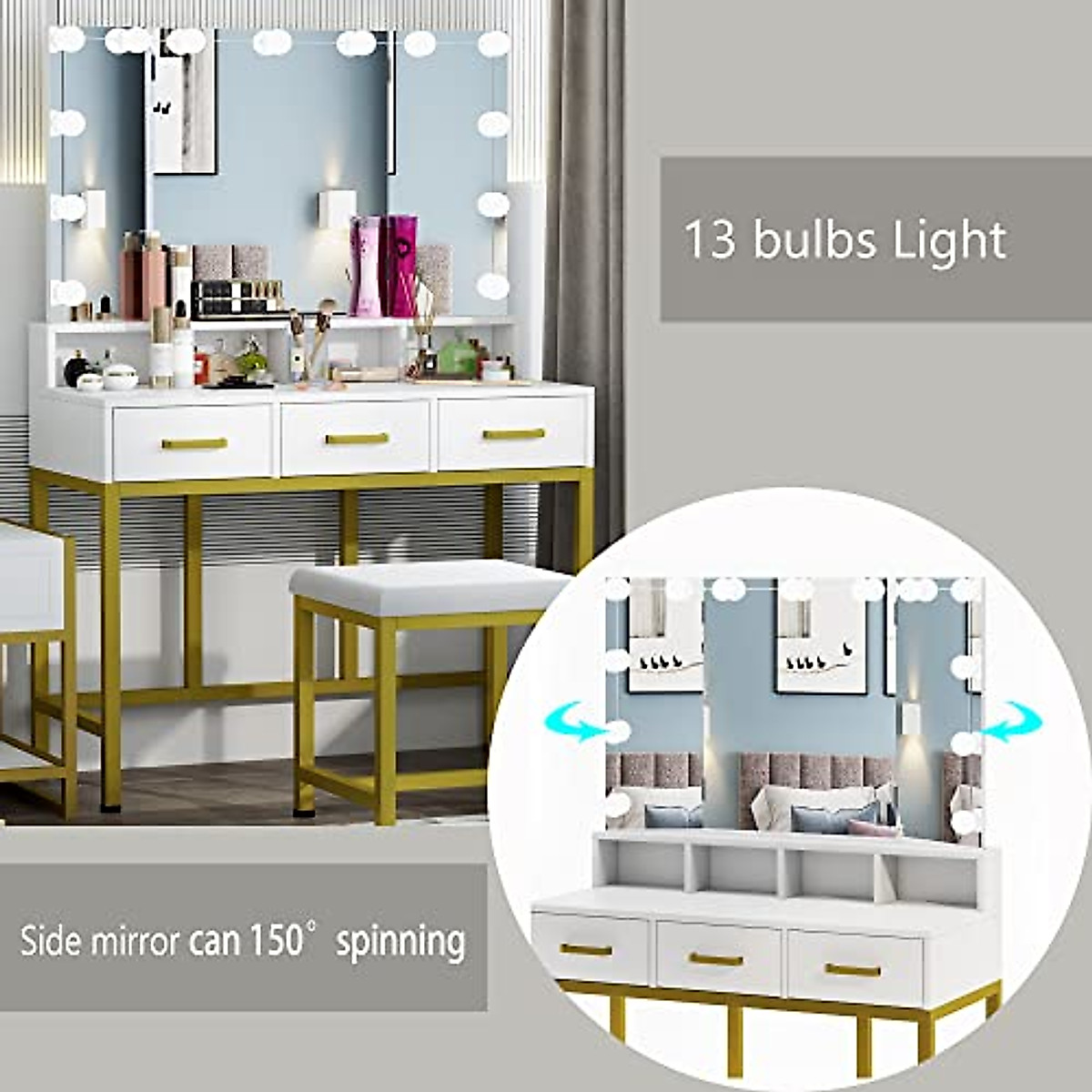 PAKASEPT Vanity Set with Lighted Mirror, Makeup Vanity with Rotating Mirror and 13PCS LED Bulbs, Cushioned Stool & 3 Drawers, Vanity Desk for Women Girls, White Vanity