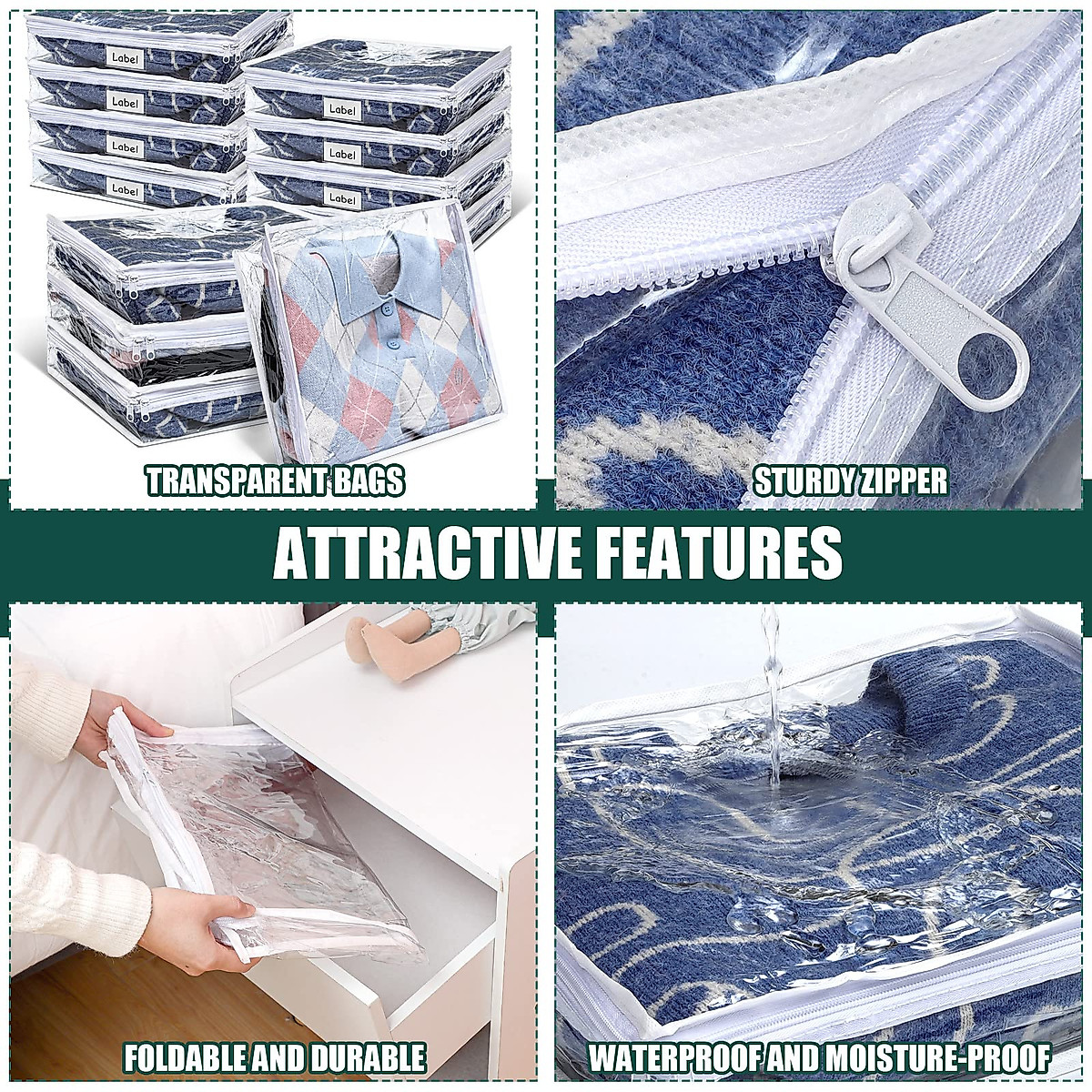 12 Pcs Clear Zippered Storage Bags PVC Sweater Storage Bags Sheet Organizer Plastic Sheet Storage Sweater Bags with Zipper and Label Pocket for Clothes Closet Linen Sweater Pillow (14 x 12 x 3 Inch)