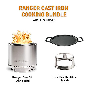 Solo Stove Ranger Cast Iron Griddle Cooking Bundle 2.0 | Portable Smokeless Fire Pit, Stand, Griddletop & Hub, Wood Burning, Removable Ash Pan, Stainless Steel/Cast Iron, H: 22in x Dia: 14.25in, 31lbs