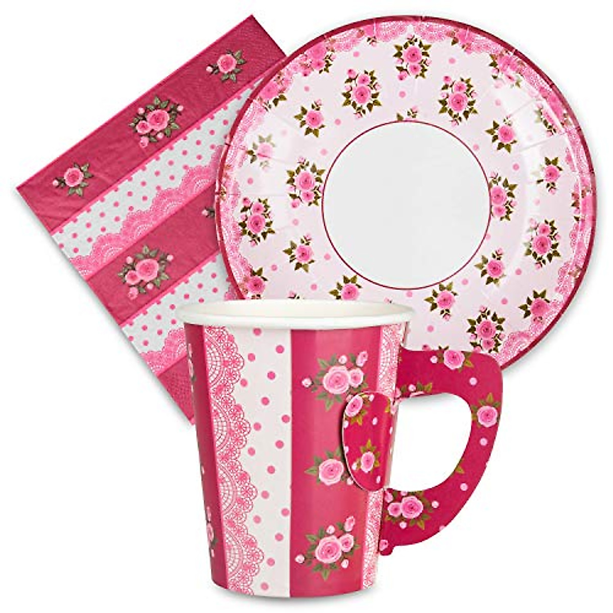 Royal Bluebonnet Rose Paper Tea Cups for Tea Party - 24 Disposable Tea Cups, Plates, and Napkins for Hot & Cold Drinks great for Easter, Mother's Day, Princess and Spring Little Girls Parties