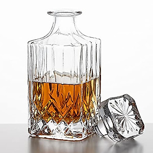 GoodGlassware Whiskey Decanter and Glasses (5 Piece Set) – Elegant Liquor Carafe with Ornate Solid Glass Stopper and 4 Matching Whisky Tumblers - Lead-Free and Dishwasher Safe Transparent