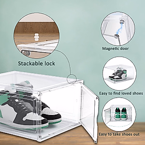 FUNLAX Shoe Storage Boxes, 6 Pack Stackable Shoe Organizer Box Clear Plastic Shoe Boxes with Magnetic Side Door up to US Size 13 Space-saving Shoe Container for closet