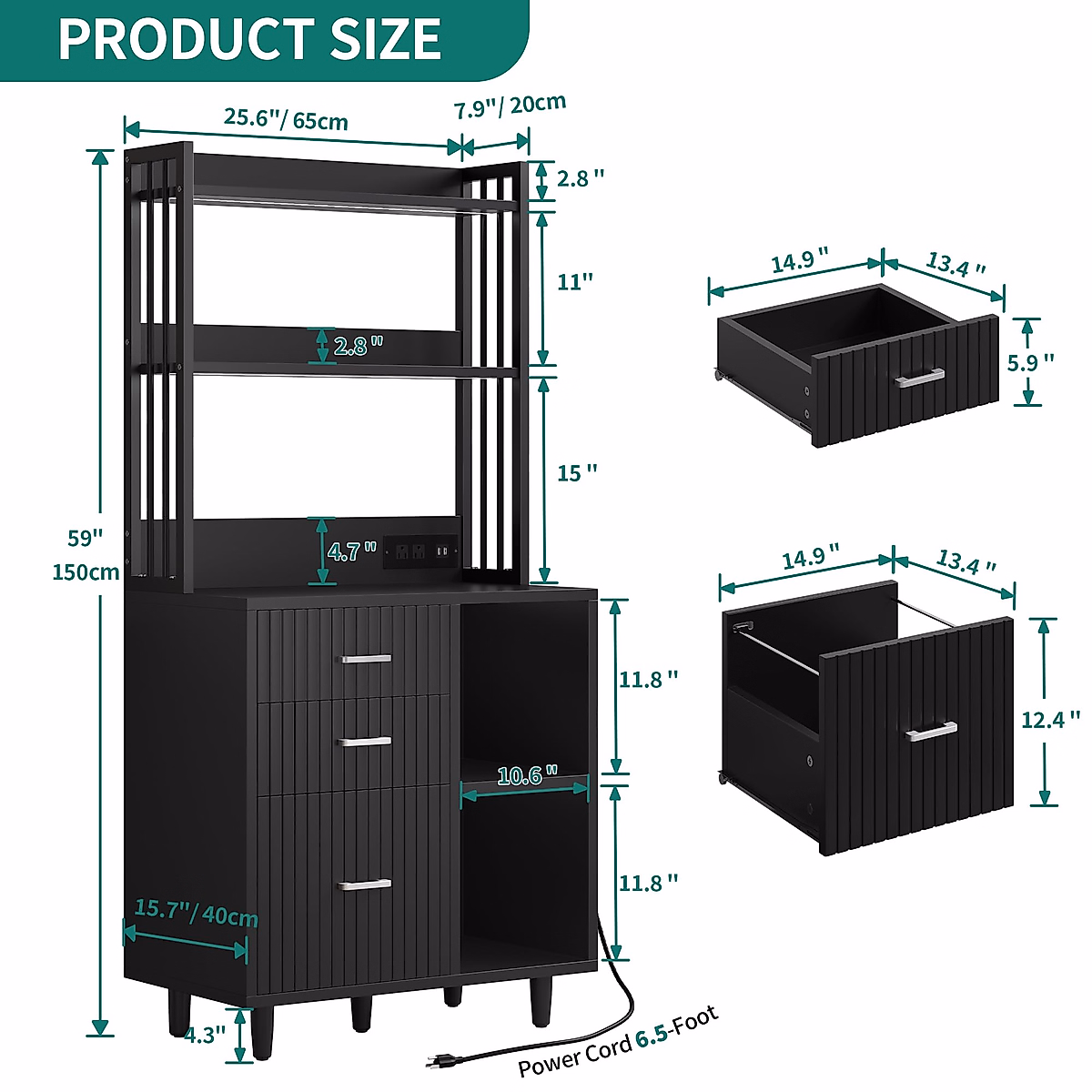 YITAHOME 3 Tier Bookcase, Bookshelf with Lighting, File Cabinet with Charging Station, 3 Drawer Wood Filing Cabinet, Printer Stand with Open Storage Shelves for Home Office, Black