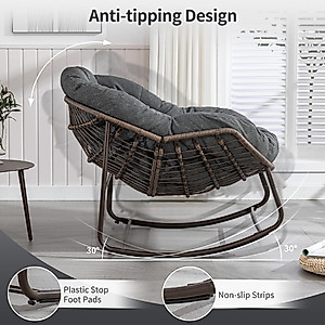 HOMEFUN Outdoor Patio Rocking Chairs, Oversized Papasan Rocking Chair Indoor with Padded Cushion - Rocker Egg Chair for Front Porch, Garden, Patio, Backyard Gray