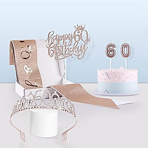 BEAN LIEVE 60th Birthday Decorations - Including 60th Birthday Sash, 60th Birthday Diamond Crown/Tiara, Birthday Candles and Cake Toppers, Rose Gold Maiden Gift 60th Birthday Celebration.