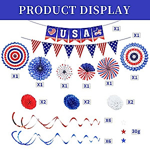 27 Pieces 4th of July Decorations Set, Red White Blue American Flag Hanging Honeycomb Paper Fans, Pom Poms, Swirls, Love USA Banner, Star Garland Patriotic Independence Day Outdoor Party Supplies