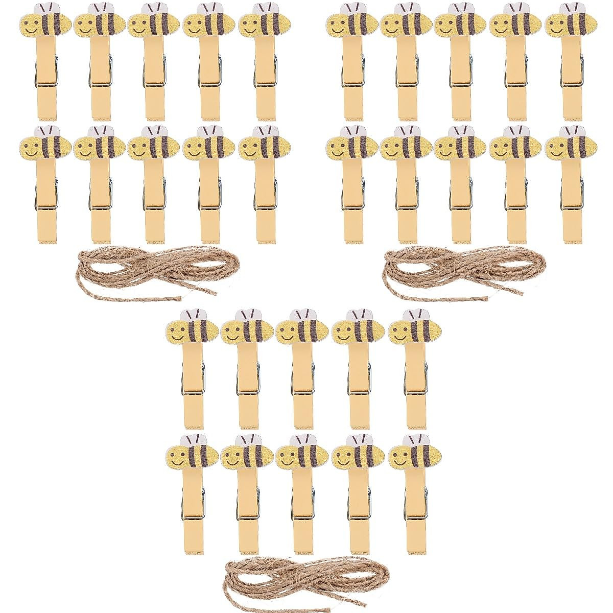 ABOOFAN 30Pcs Mini Clothespins with String Wooden Clothes Pins with Bee Photo Clips for Hanging Clip Photos, Clothes, Crafts, Arts Outdoor and Indoor