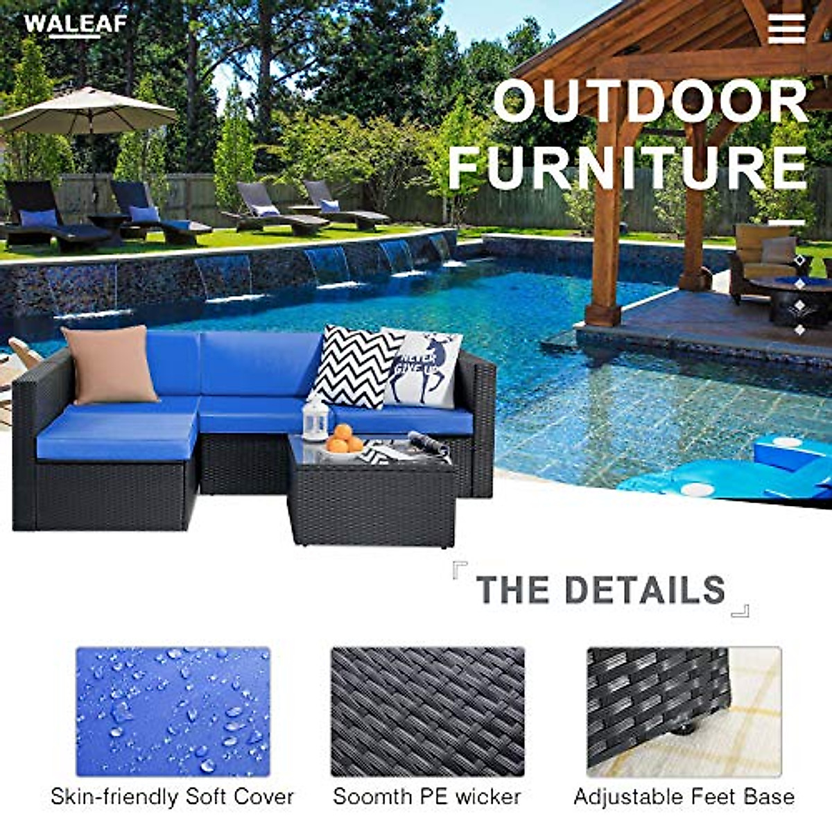 Waleaf 5 Pieces Outdoor Furniture Rattan Sectional Patio Sofa, Outdoor Indoor Backyard Porch Garden Poolside Balcony Wicker Conversation Set with Table (Dark Blue)