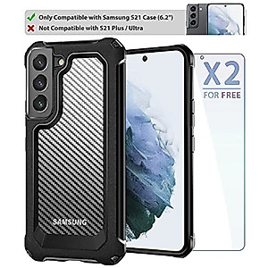 SUPBEC Galaxy S21 Case, Carbon Fiber Shockproof Protective Cover with Screen Protector [x2] [Military Grade Protection] [Scratch Resistant & Anti-Fingerprint], Samsung Galaxy S21 Case, 6.2", Black