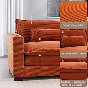 KIVENJAJA Corduroy Cloud Sectional Couch, Modern Comfy Modular L-Shaped Sectional Sofa with Ottoman, Cup Holders & USB Port for Living Room Apartment, 117.7”W, Orange