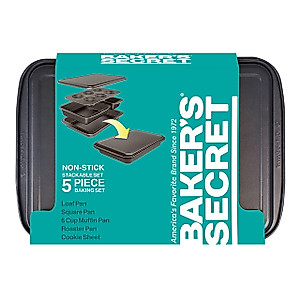 Baker's Secret Stackable Baking Set of 5 Bakeware Pans, Bakeware Set, Baking Pan Set Includes Muffin Pan, Roaster Pan, Square Pan, Cookie Sheet, Loaf Pan, Easy Store, Dishwasher Safe, Baking Supplies