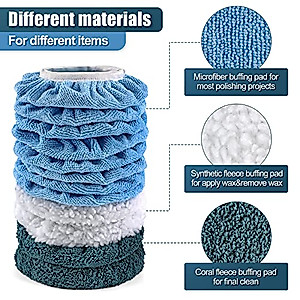 POLIWELL 12Pack Polishing Bonnet Pads 5-6 Inch Buffer Pad Cover- 8pcs Microfiber Buffing Bonnets, 2pcs Woollen Waxing Pads, 2pcs Soft Coral Fleece Pads for Car Polisher