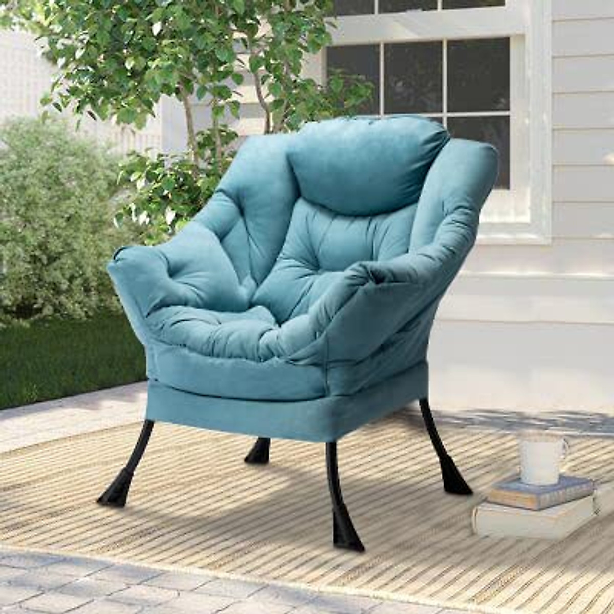 HollyHOME Modern Fabric Lazy Chair and Folding Footrest Stool, Accent Contemporary Lounge Chair and Portable Ottoman, Steel Frame Leisure Sofa Chair and Metal Cotton Anti-Slip Footstool, Blue