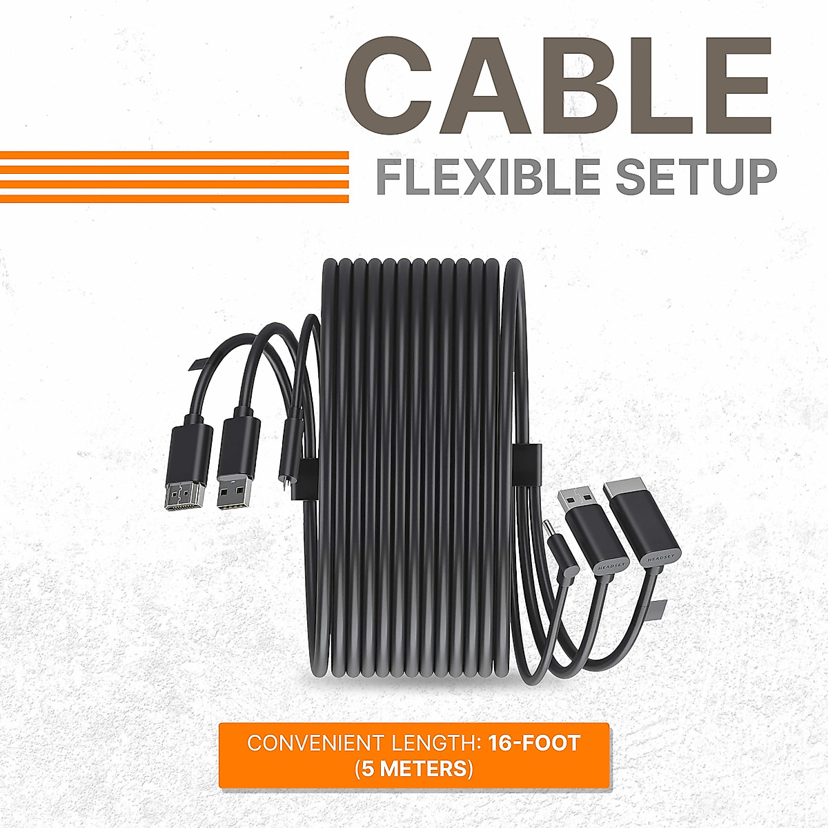 Skywin 3-in-1 Round HTC Vive Compatible Cable - Replacement 3-in-1 Connection Cable for HTC Vive Headset and Linkbox (5 Meters / 16 Feet)