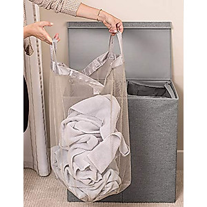 BIRDROCK HOME Premium 2 Section Linen Collapsible Laundry Hamper with 4 Load Capacity | Removable Mesh Bags, Magnetic Lid and Sturdy MDF Board | Stylish Dual Compartment Clothes Hamper | Grey