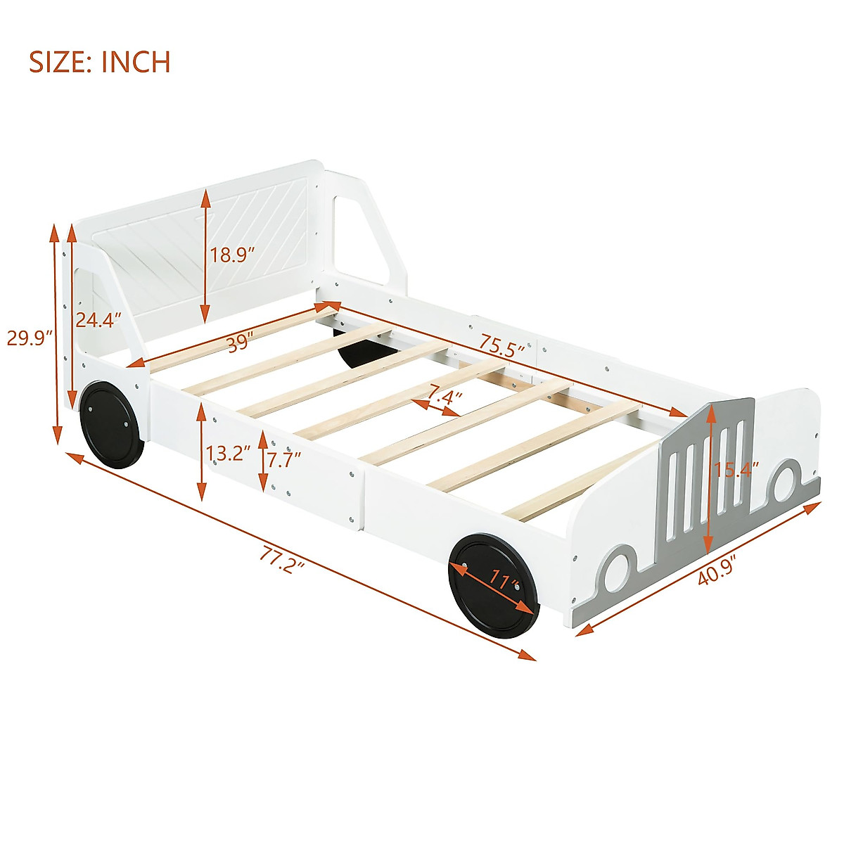 Linique Twin Car Bed,Wooden Twin Size Car-Shaped Platform Bed Frame with Wheels,White