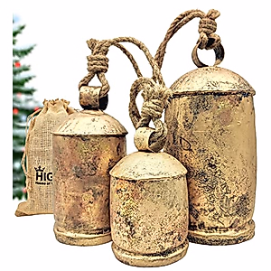 HIGHBIX Set of 3 Giant Harmony Cow Bells Huge Vintage Handmade Rustic Lucky Christmas Hanging XL Bells On Rope (Country Rustic, X-Large)